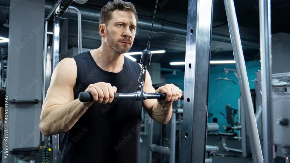 Muscular man doing bodybuilding triceps extensions in crossover machine ...