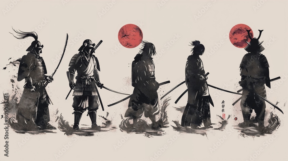 Set of samurais on a light beige background with full blood moon ...