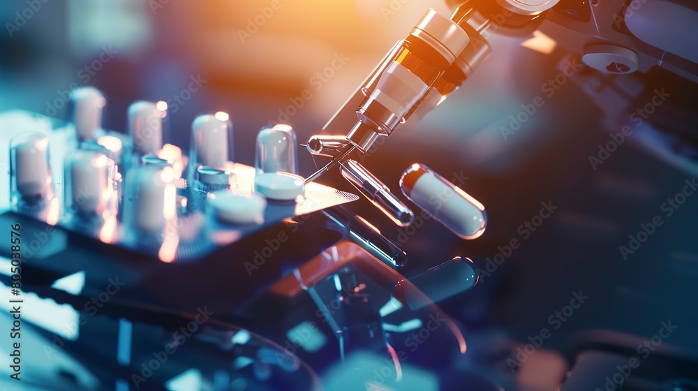 Automated robotic arm handling medication packaging, close-up on ...