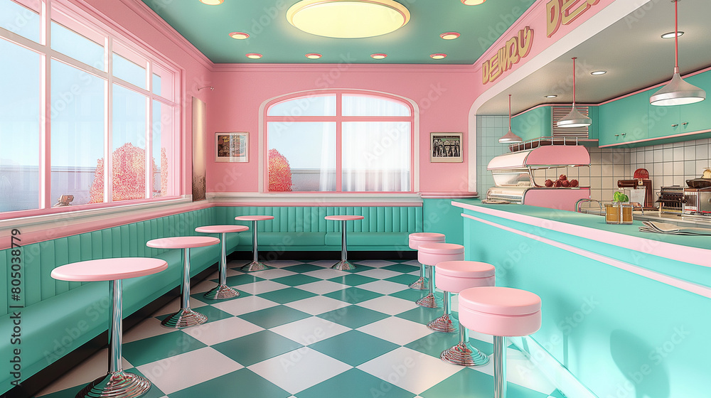 Cute vintage ice cream parlor interior with a pink and turquoise color ...