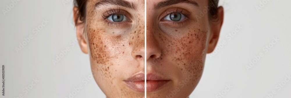 Before and After Facial Treatment Concept. Half Face with Melasma and ...