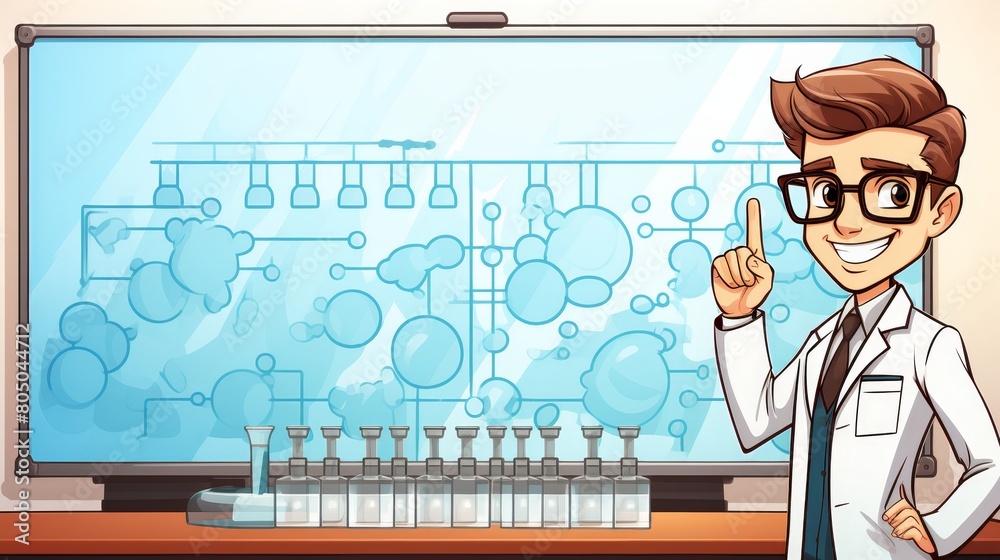 Excited cartoon chemist in lab coat pointing at a complex chemistry ...