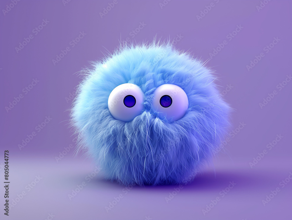 A 3D render of a cute blue fluffy ball with two eyes on a purple background, presented in a ...