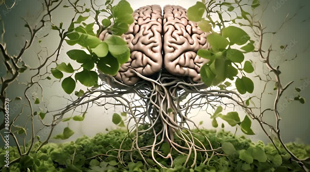 Abstract tree with roots resembling human brain, tall and lush with ...