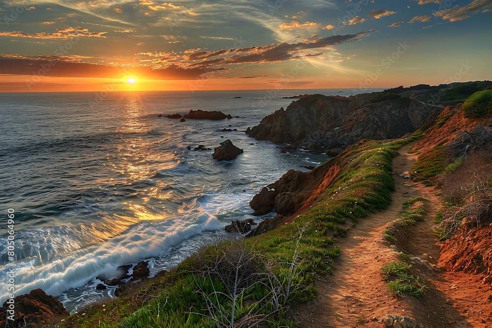 : /imagine: A calming view of the ocean from a cliffside path at sunset ...