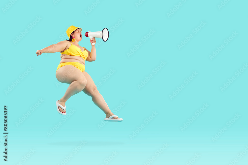 Funny fat plump obese chubby young woman in beautiful yellow bikini ...