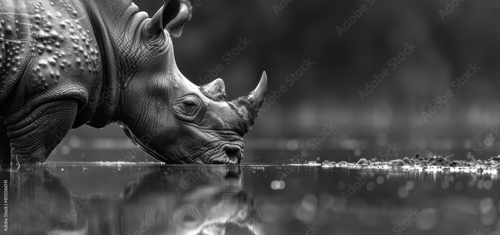 A black-and-white image of a rhino sipping from a water source, its ...