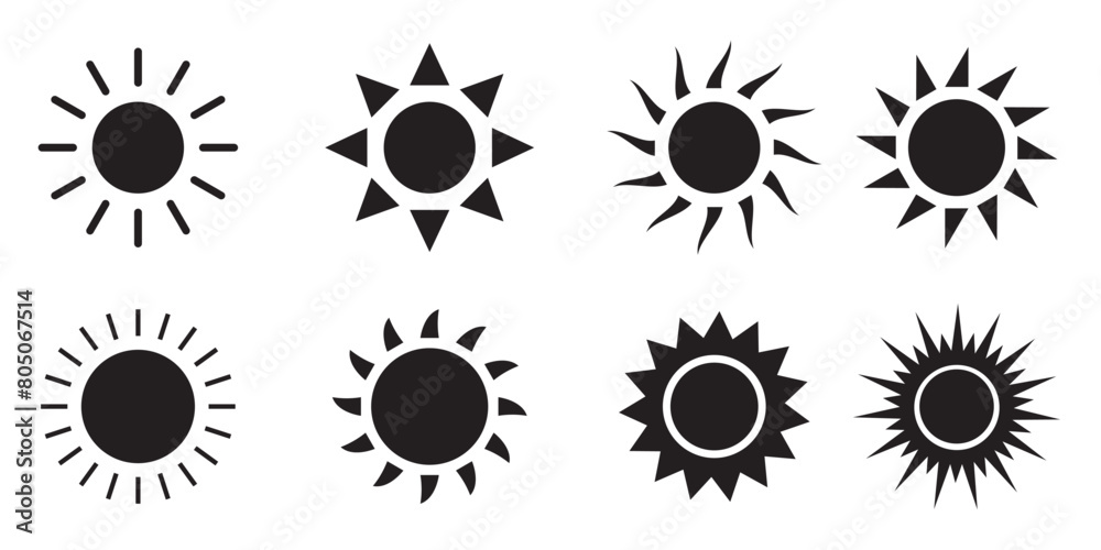 Sun icon set, Sun symbol vector, black suns star icons collection ...