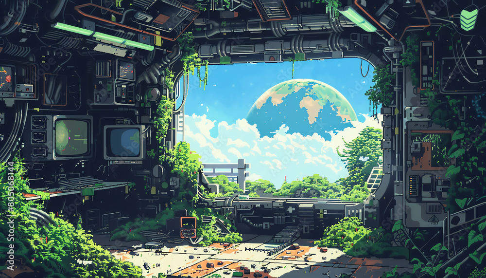 Illustrate an abandoned space station overrun by nature, blending ...