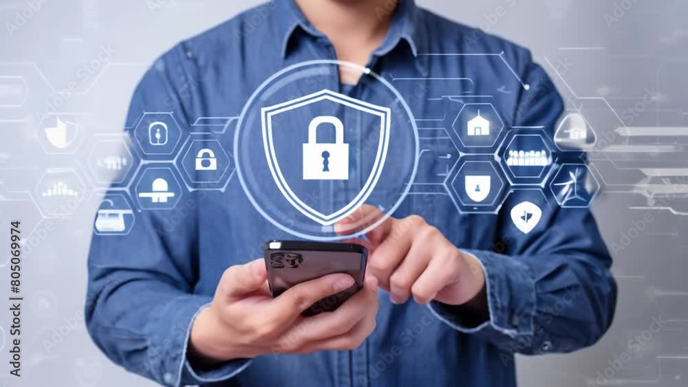 Young Asian person uses smartphone, surrounded by glowing cyber ...