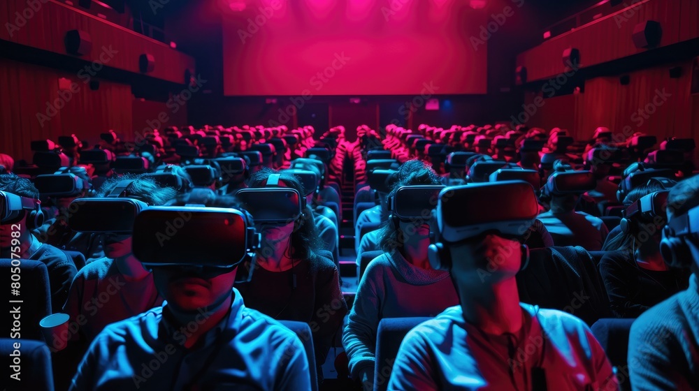 Audience wearing AR/VR eyeglasses, watching movie in cinema room ...
