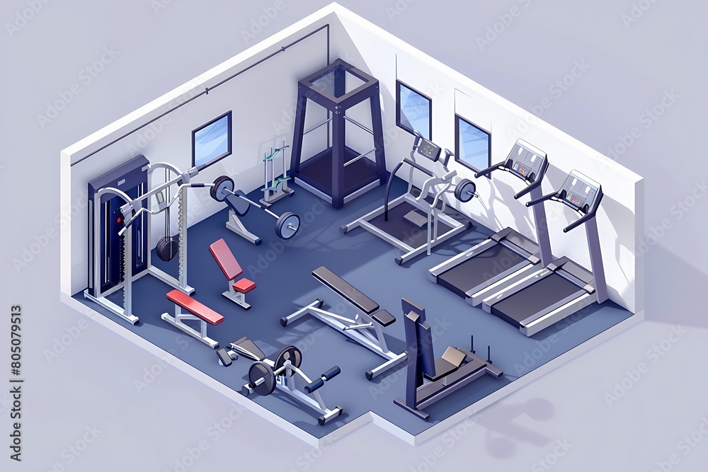 Vector isometric low poly gym oom icon. Vector isometric low poly gym and fitness room cutaway ...