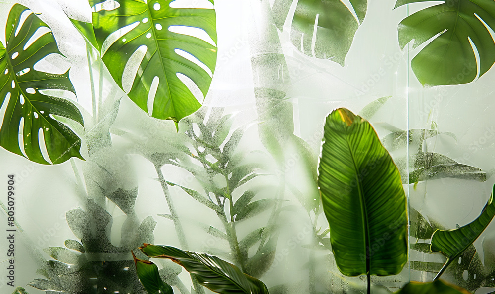 ภาพประกอบสต็อก Tropical plants with an effect behind glass, as if ...