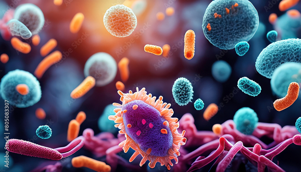 Vibrant illustration of microbiota including bacteria, fungi, protozoa ...