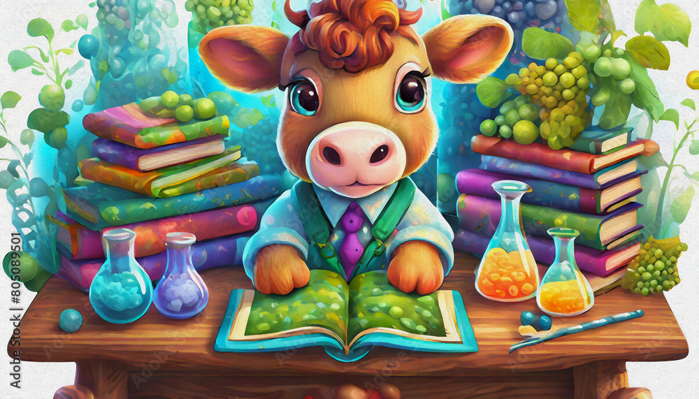 OIL PAINTING STYLE CARTOON CHARACTER baby cow are doing science ...