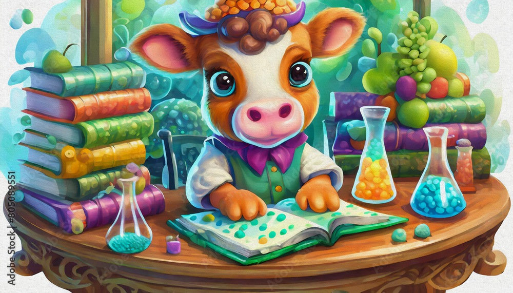 OIL PAINTING STYLE CARTOON CHARACTER baby cow are doing science ...
