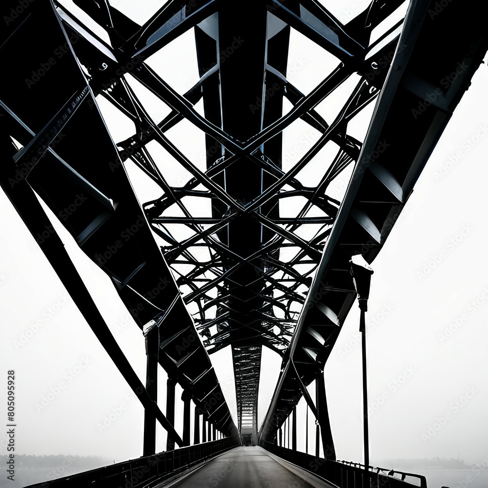 steel beams of the truss bridge, shimmering in the dim light of the ...