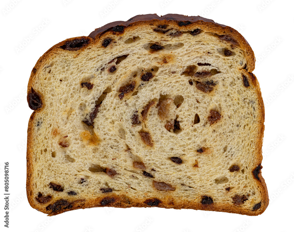 Top view from slice of raisin bread, isolated on a white background ...