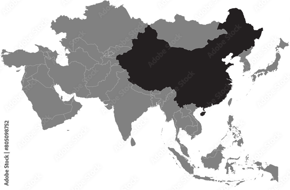 Highlighted black map of CHINA inside dark grey detailed blank ...