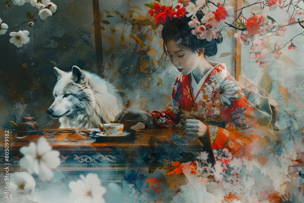 Triple exposure overlay japanese Ukiyo-e art watercolor, blooms, kimono ...