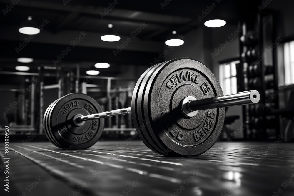 This monochrome image showcases a detailed view of barbell weights ...