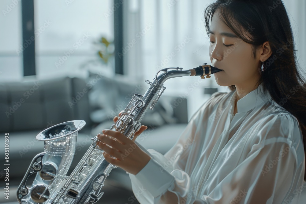 Indonesian woman is gracefully playing a saxophone constructed from ...
