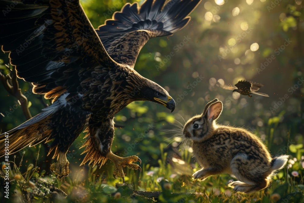 Hyper-realistic image of an eagle chasing a rabbit. while the rabbit ...