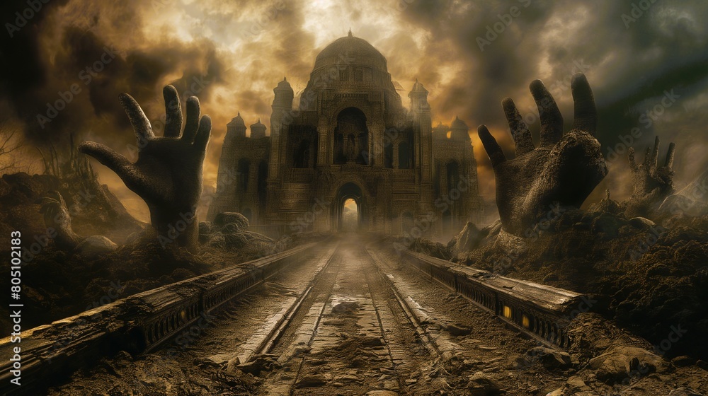 3D A creepy, dark and scary scene with two hands reaching out towards ...