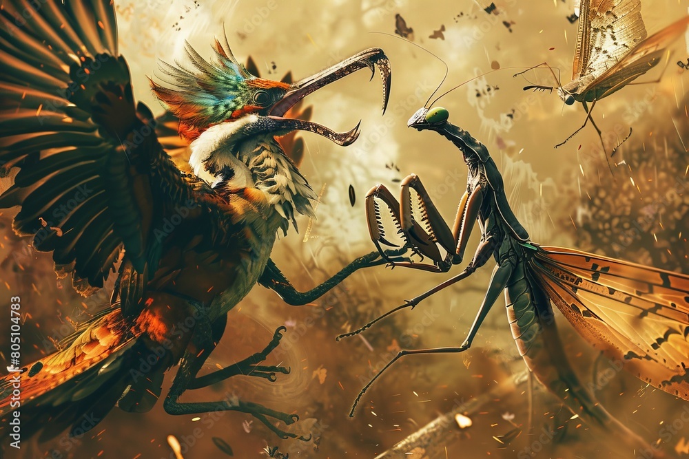 Digital painting, featuring a Songbird engaged in a fierce battle with ...