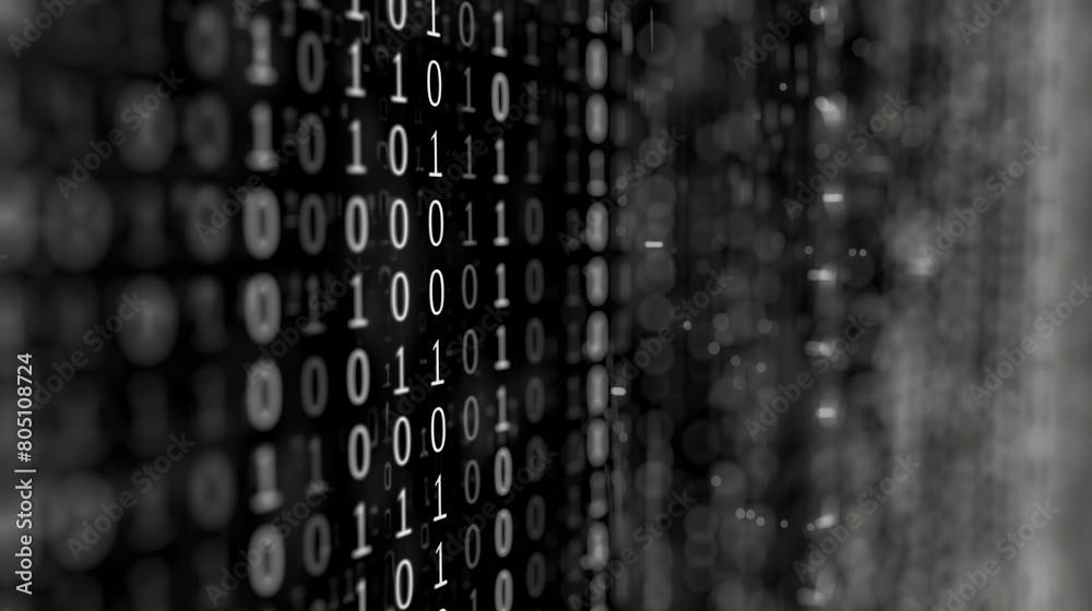 Black and white image of numbers displayed on a wall, creating a pattern of binary code texture ...