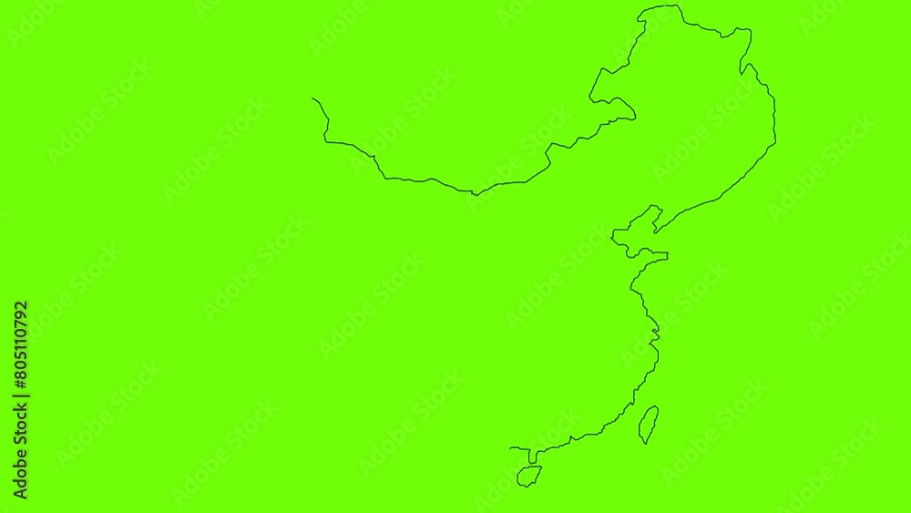 China map simple black line art 2d animation on green screen background ...