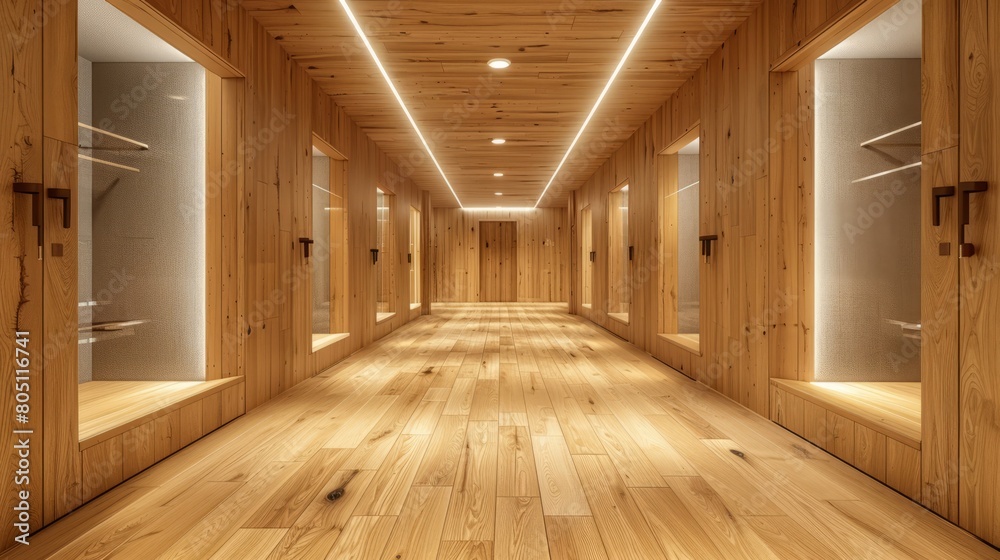 A Modern Wooden Fitting Room in Fashion Retail Store. A line of bright ...
