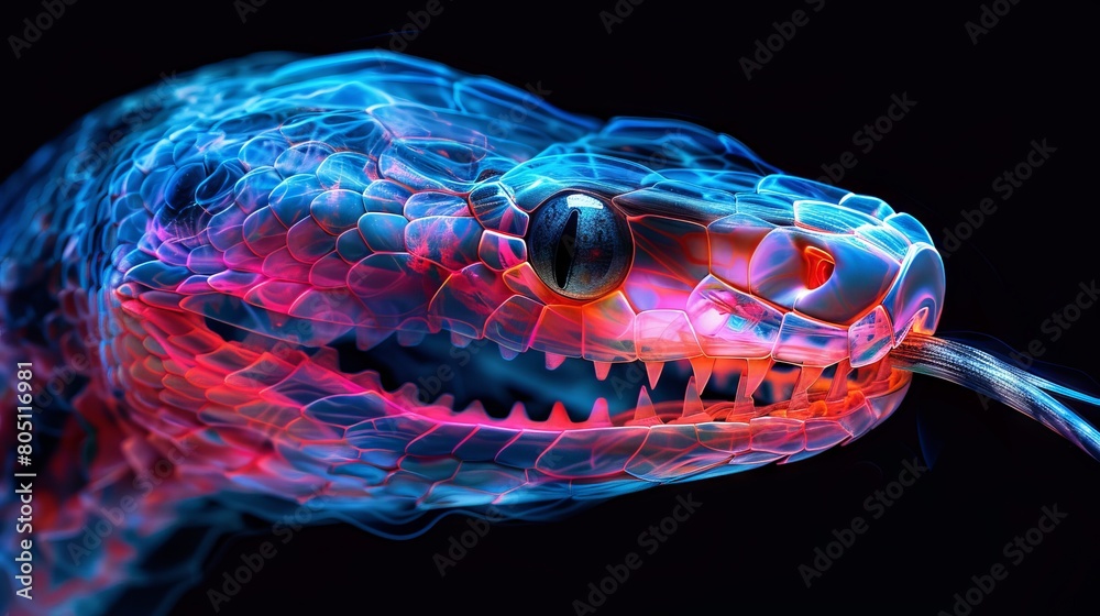 The image shows a glowing snake with red, blue and purple scales. The ...
