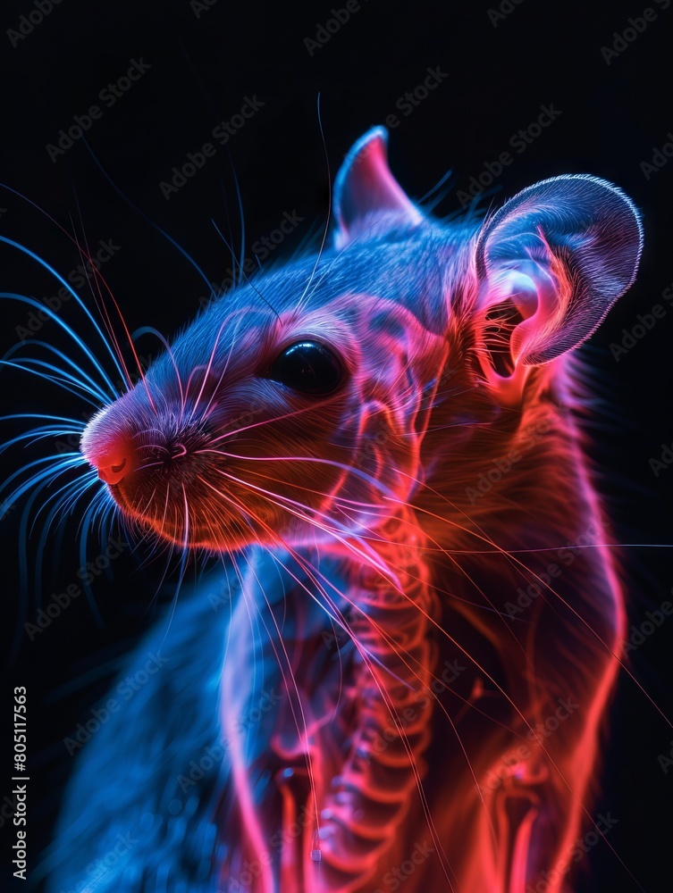 The image shows a rat with its skeleton visible. The rat is blue and ...