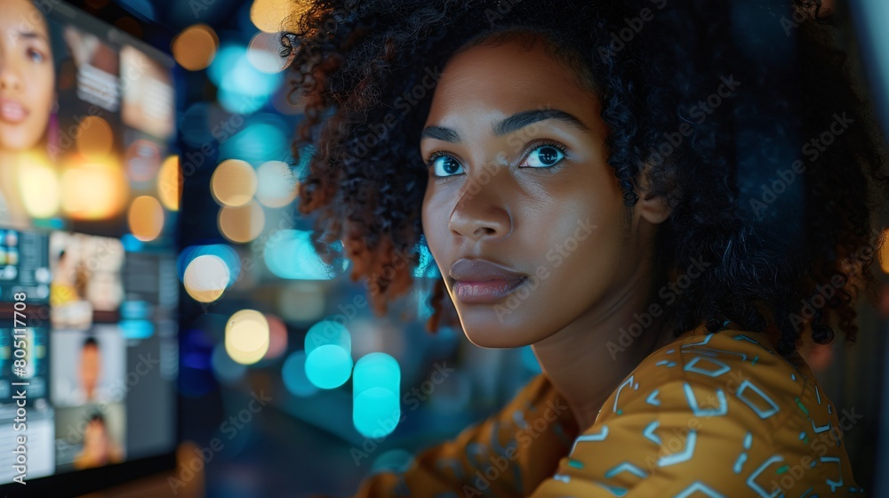 African American developer collaborating with a team via video call ...
