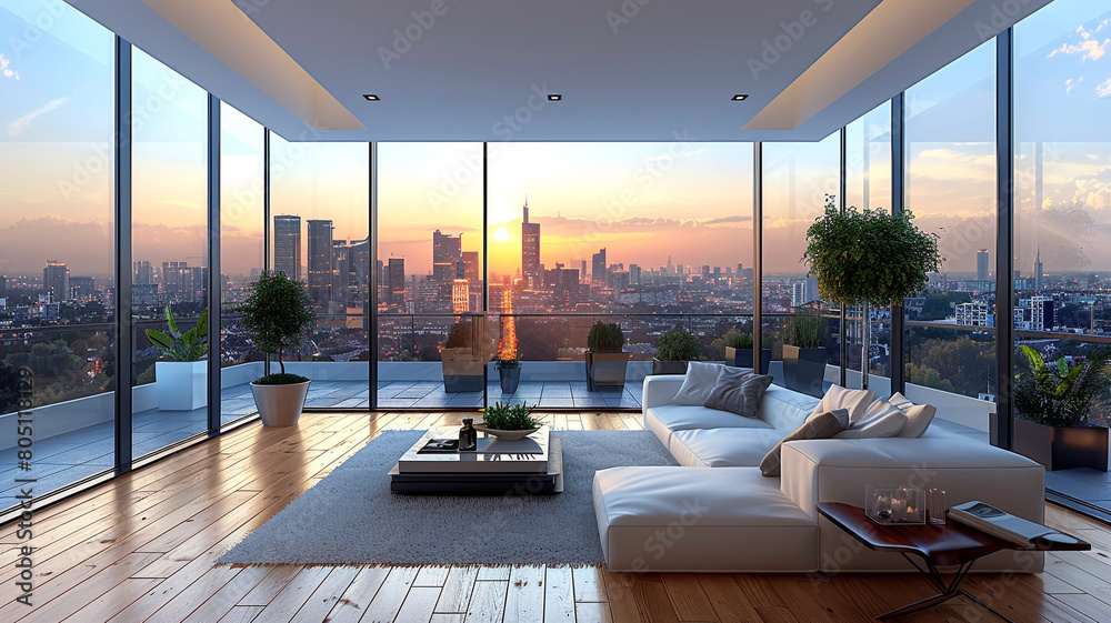 A sleek, minimalist urban loft with floor-to-ceiling windows that ...