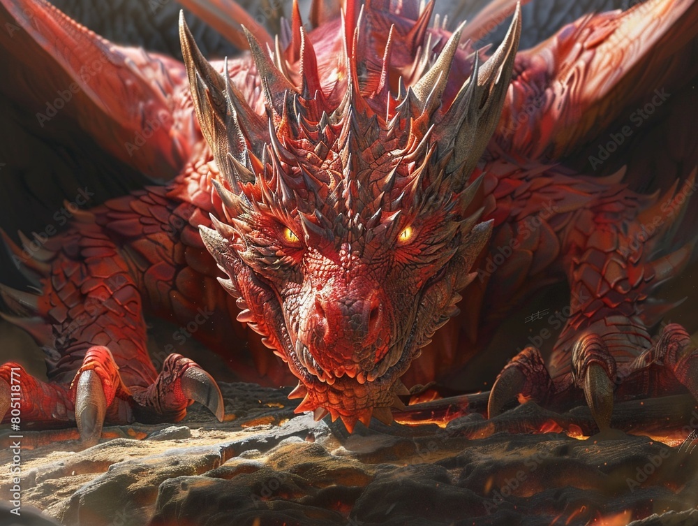 A fierce red dragon tattoo, its scales and claws intricately detailed ...