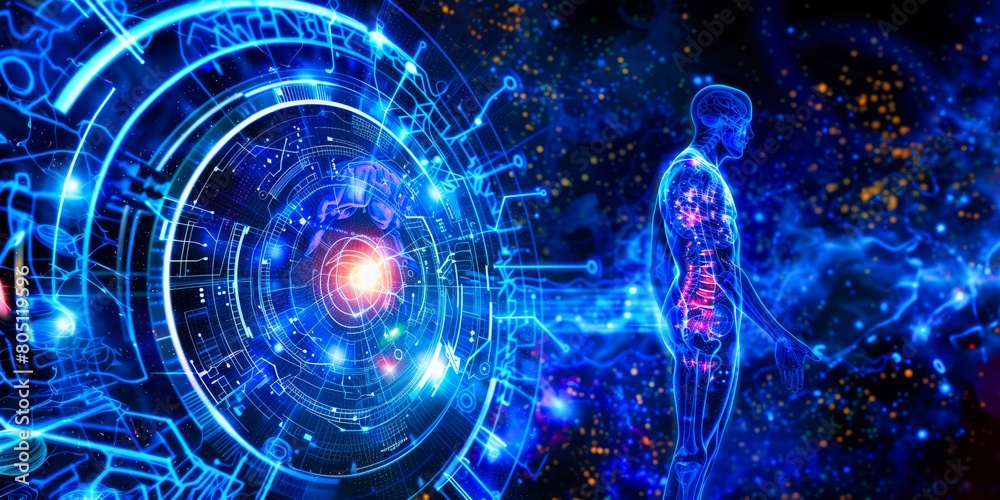 Futuristic blue holograms merge with a human silhouette, symbolizing ...