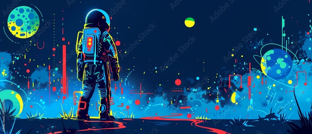 ภาพประกอบสต็อก The explorers holographic outfit shimmers and shifts ...