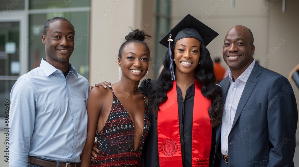 College graduate posing for a photo with her family, celebrating her ...