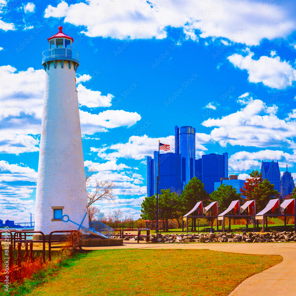 Detroit City Skyline and Milliken State Park Lighthouse, the iconic ...