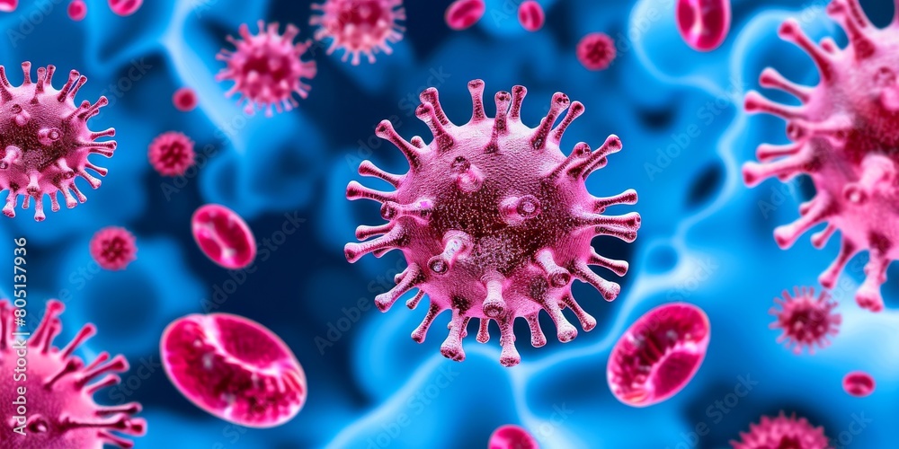 Vivid depiction of pink virus particles against a deep blue backdrop ...