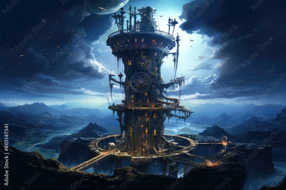 Aetherial Clockwork Tower Countdown: A tower floating in the aether ...