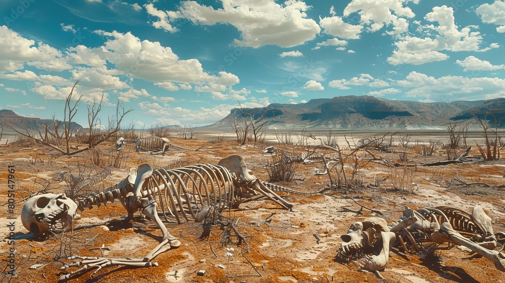 Scattered array of animal skeletons around a drying oasis, depicting ...