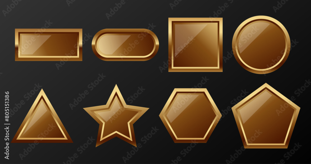 Gold button of different geometric shapes with frames and shine light ...