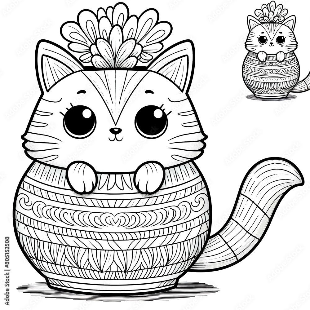 illustration of a cat coloring page for kid, sketch drawing of bowl ...