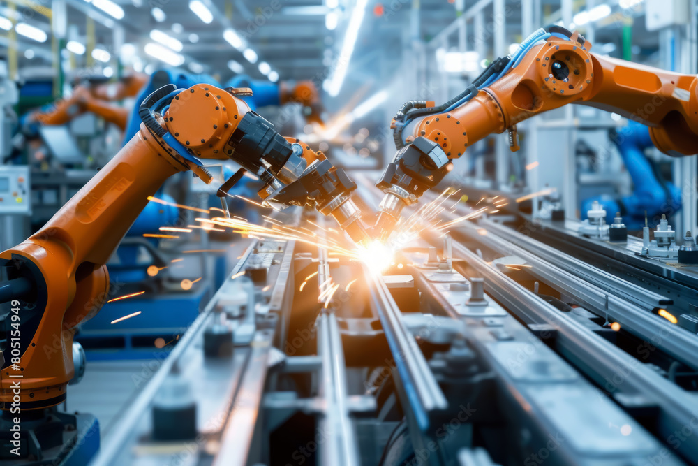 Industrial robotics in action: automated arms welding on assembly line in modern manufacturing ...
