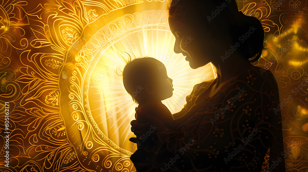 mandala gold background siluette mother baby sunrays sunlight love ...