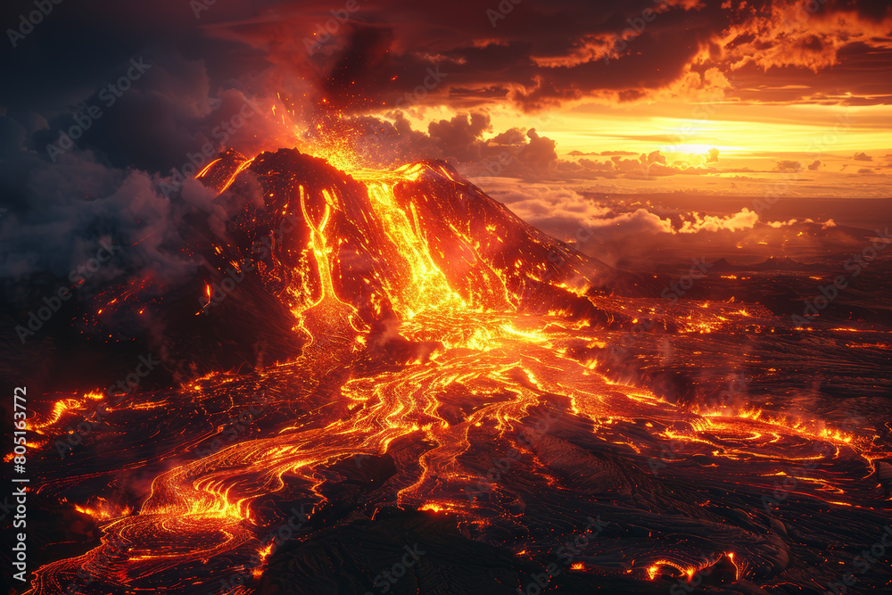 A fiery volcanic eruption shaping the Earth's surface, releasing molten ...