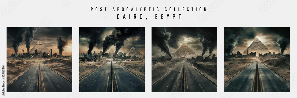 Post Apocalyptic cinematic fictional Cairo, Egypt city skyline. Highway ...